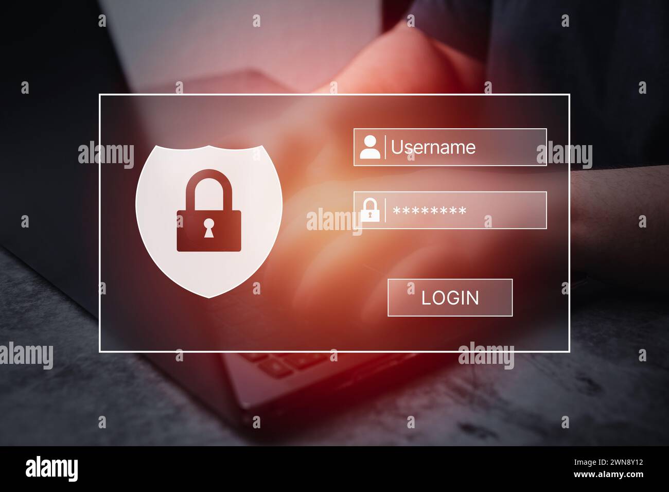 Woman use laptop with hologram interface for login and password. Cyber security concept. Data ...