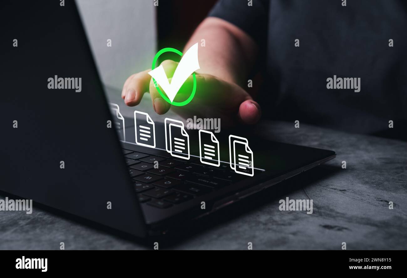 Woman use laptop with VR interface for quality management and ...