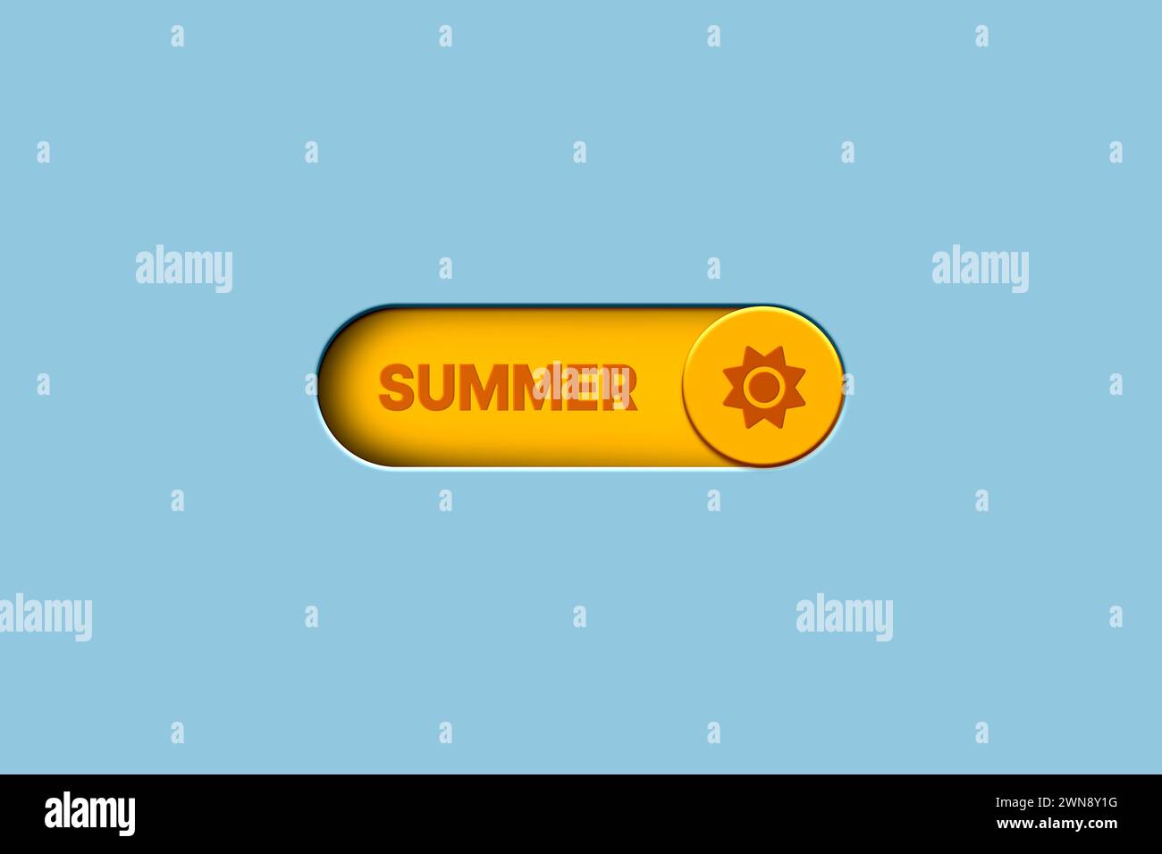 3D illustration of yellow button to switch on Summer. Header for ...