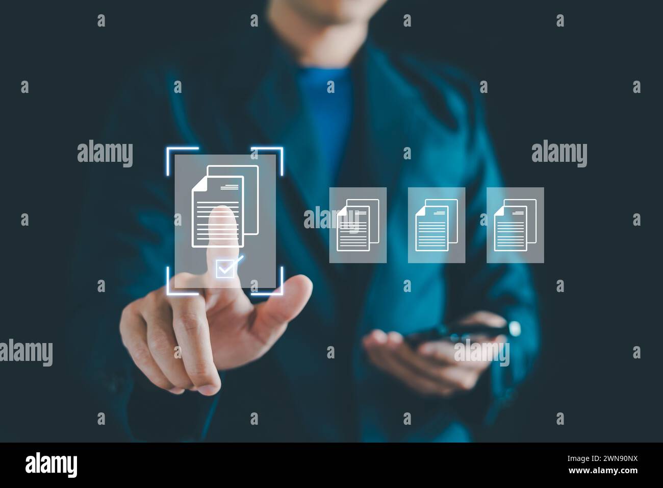 E-document management, Businessman touching on document for online ...