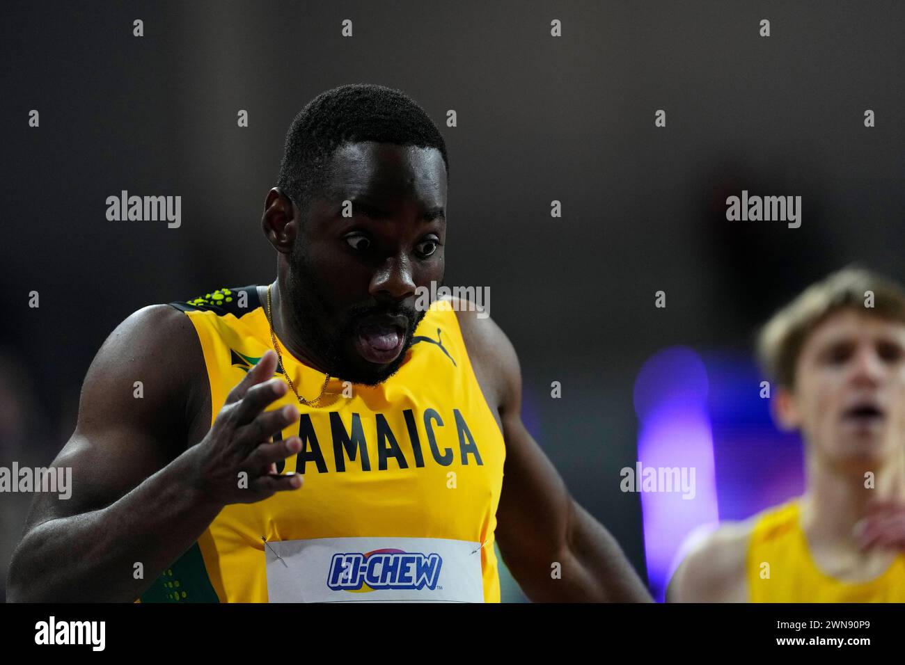 Rusheen Mcdonald, of Jamaica, reacts after finishing a men's 400 meters ...