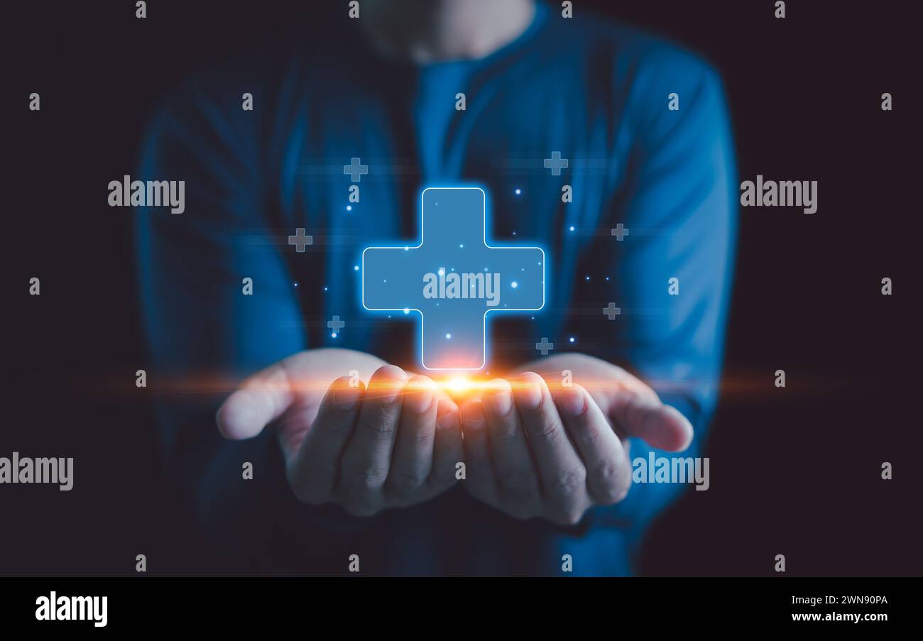 Healthcare insurance and medicine concept. Businessman holding virtual ...