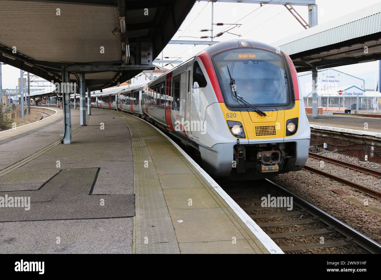 Greater Anglia Aventra Class 720 No. 720520 leaving Harwich International station with 14.59 ...