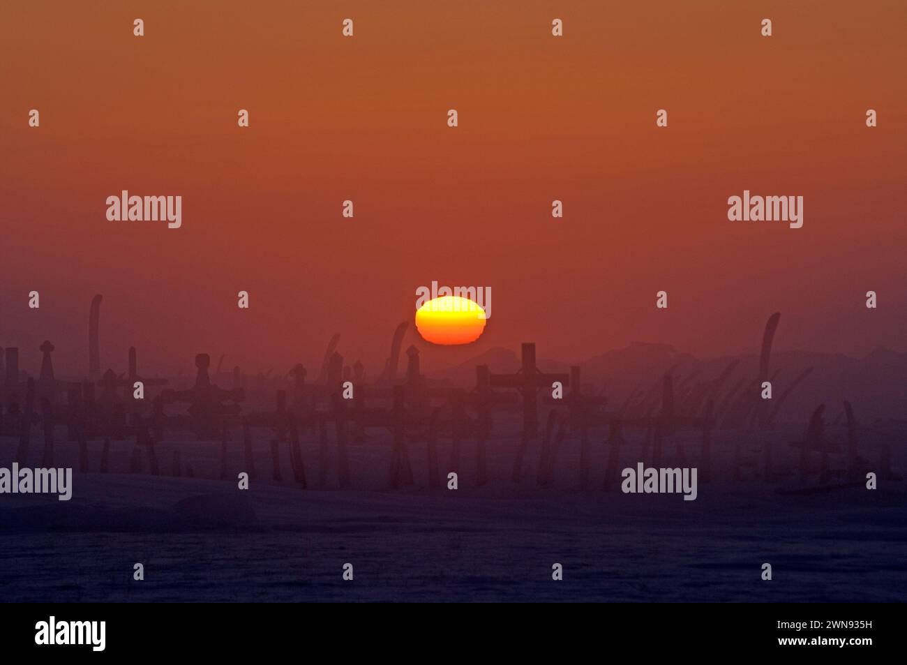 Sunset over graveyard site marked by whale rib bones outside the oldest ...