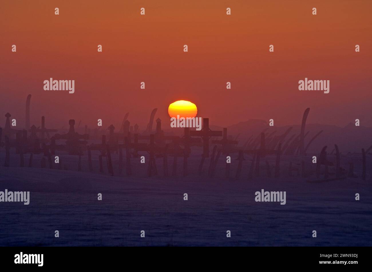 Sunset over graveyard site marked by whale rib bones outside the oldest ...