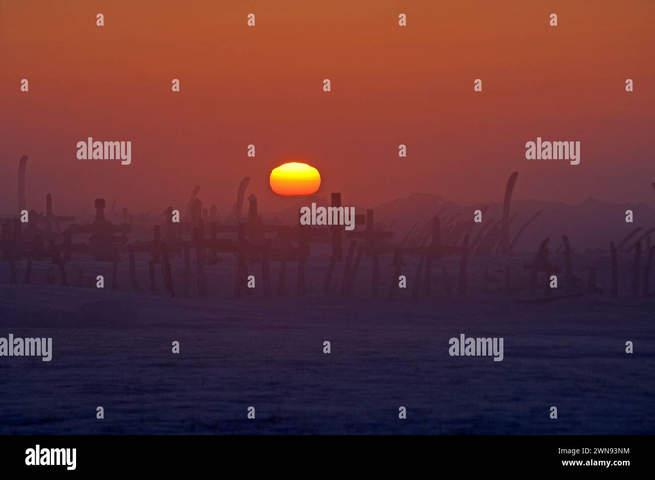 Sunset over graveyard site marked by whale rib bones outside the oldest ...