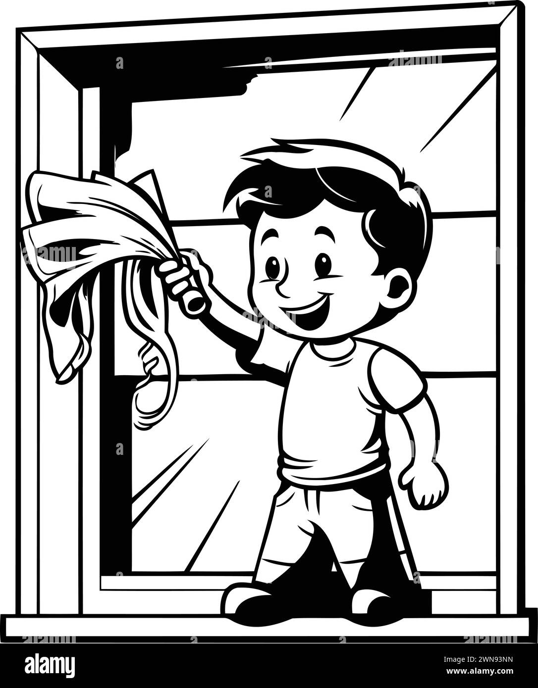 Boy cleaning window with cloth. black and white vector cartoon ...