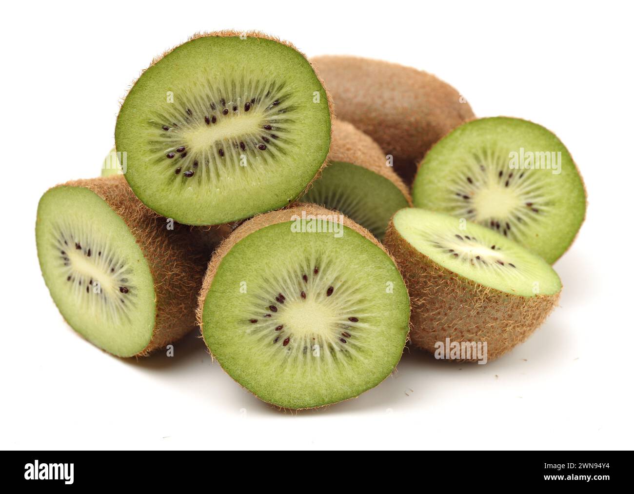 Whole kiwi fruit and his sliced segments isolated on white background ...