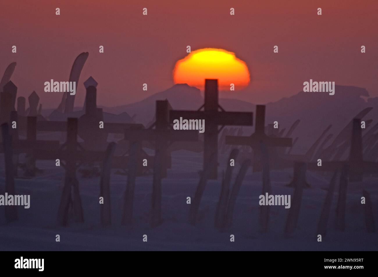 Sunset over graveyard site marked by whale rib bones outside the oldest ...