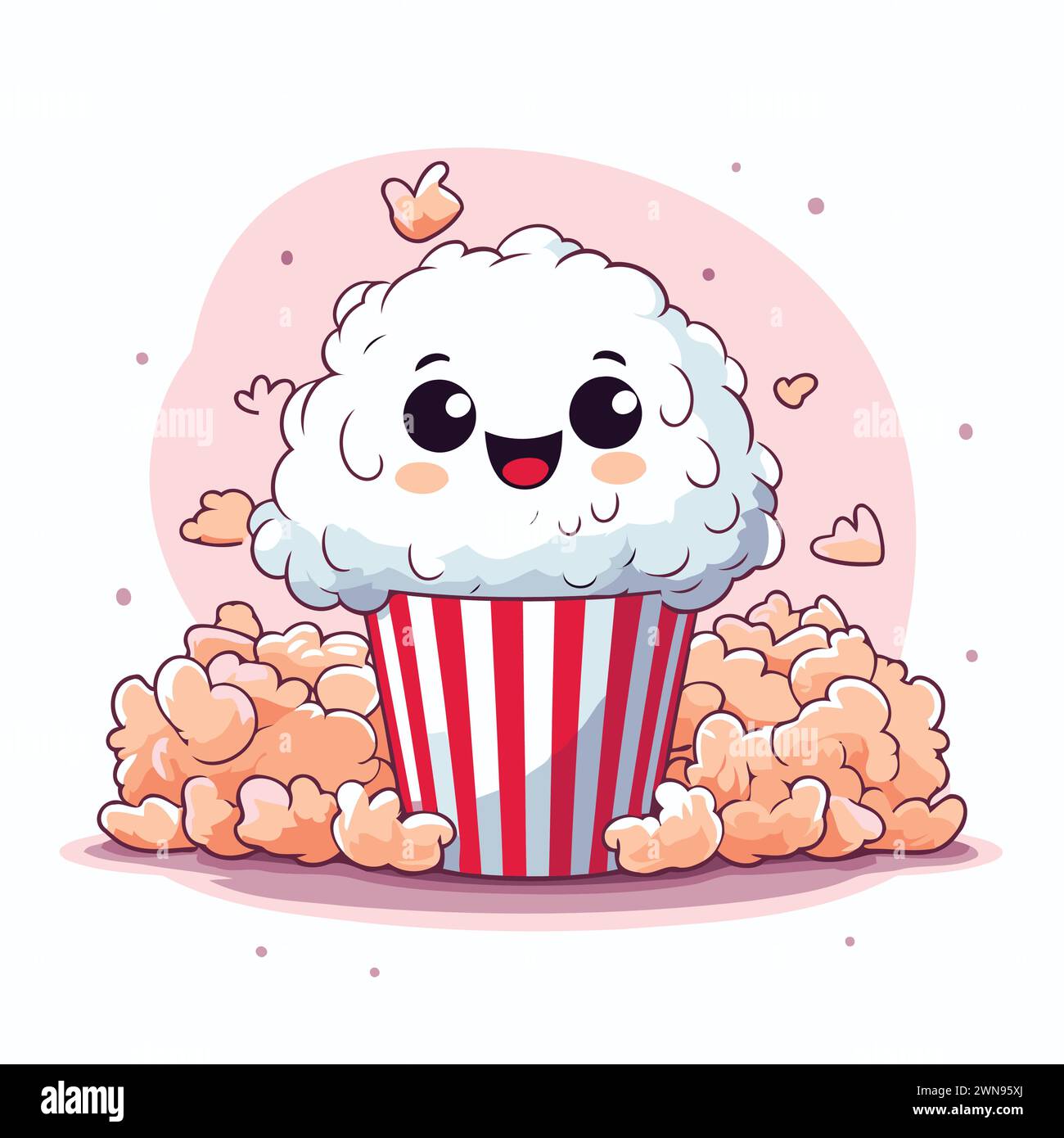 Cute cartoon popcorn with hearts and clouds on white background. Vector ...