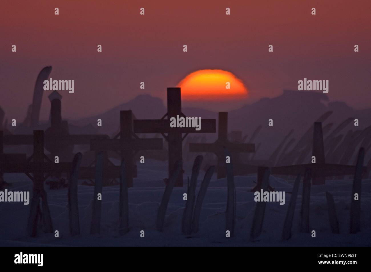 Sunset over graveyard site marked by whale rib bones outside the oldest ...