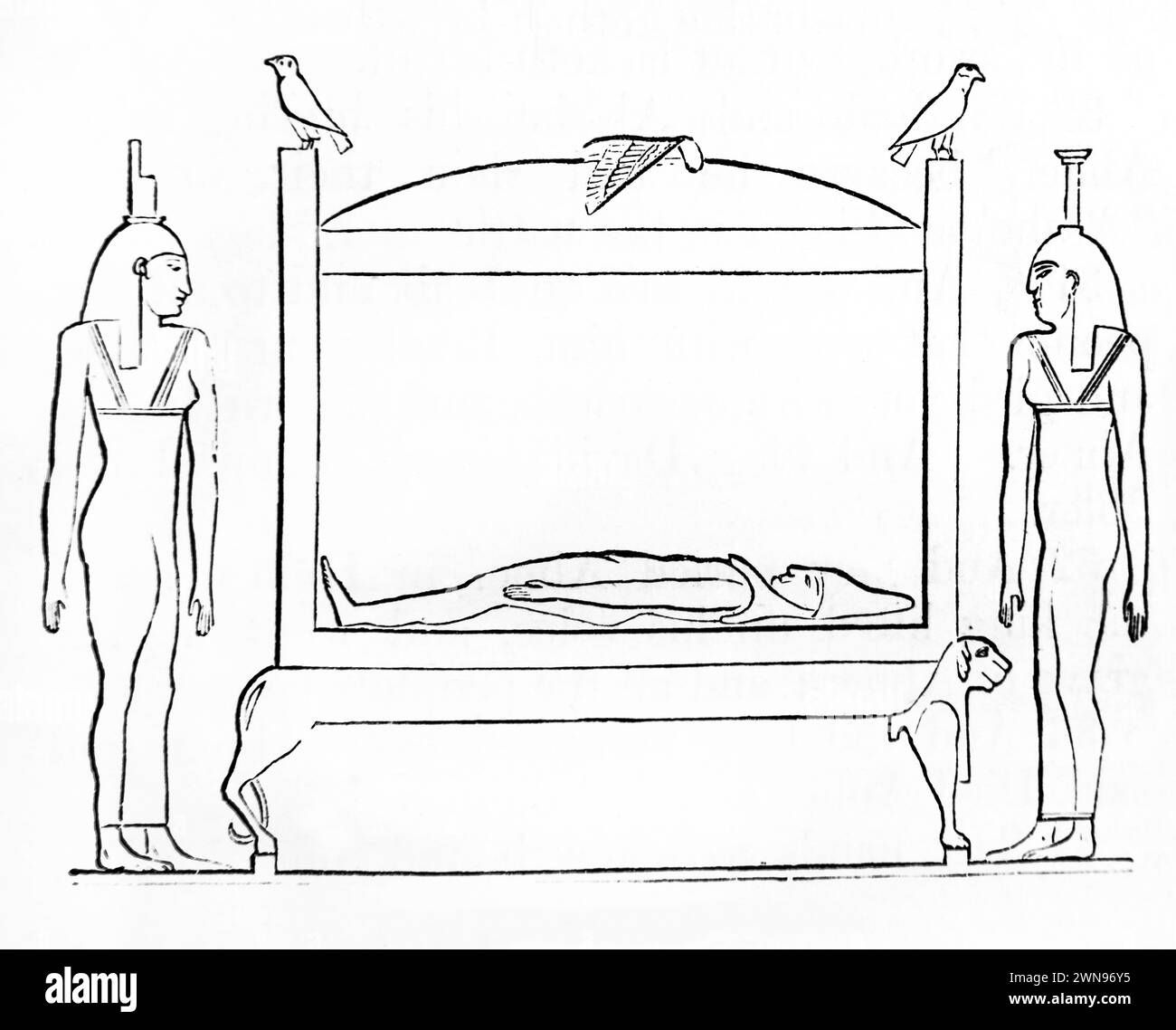 Illustration of a Body laid out on a Bier from an Egyptian Bas-Relief ...