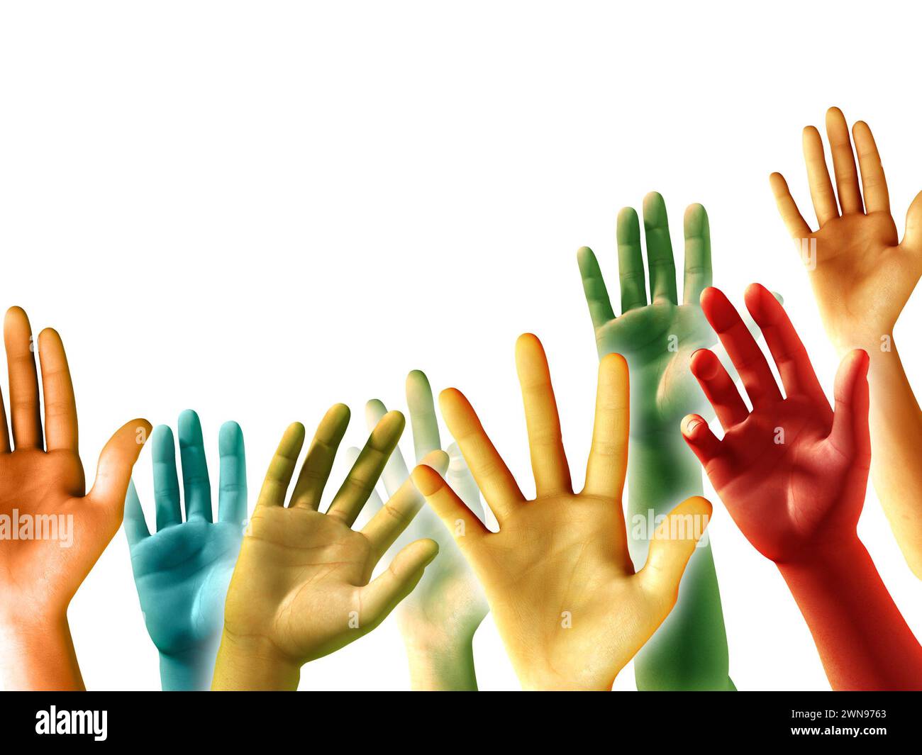 Multi-colored raised hands on white background, copyspace available ...