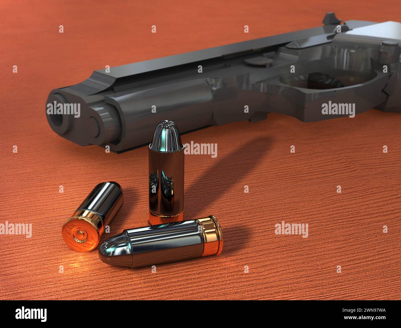 Some bullets and an handgun on a wood surface. Digital illustration ...