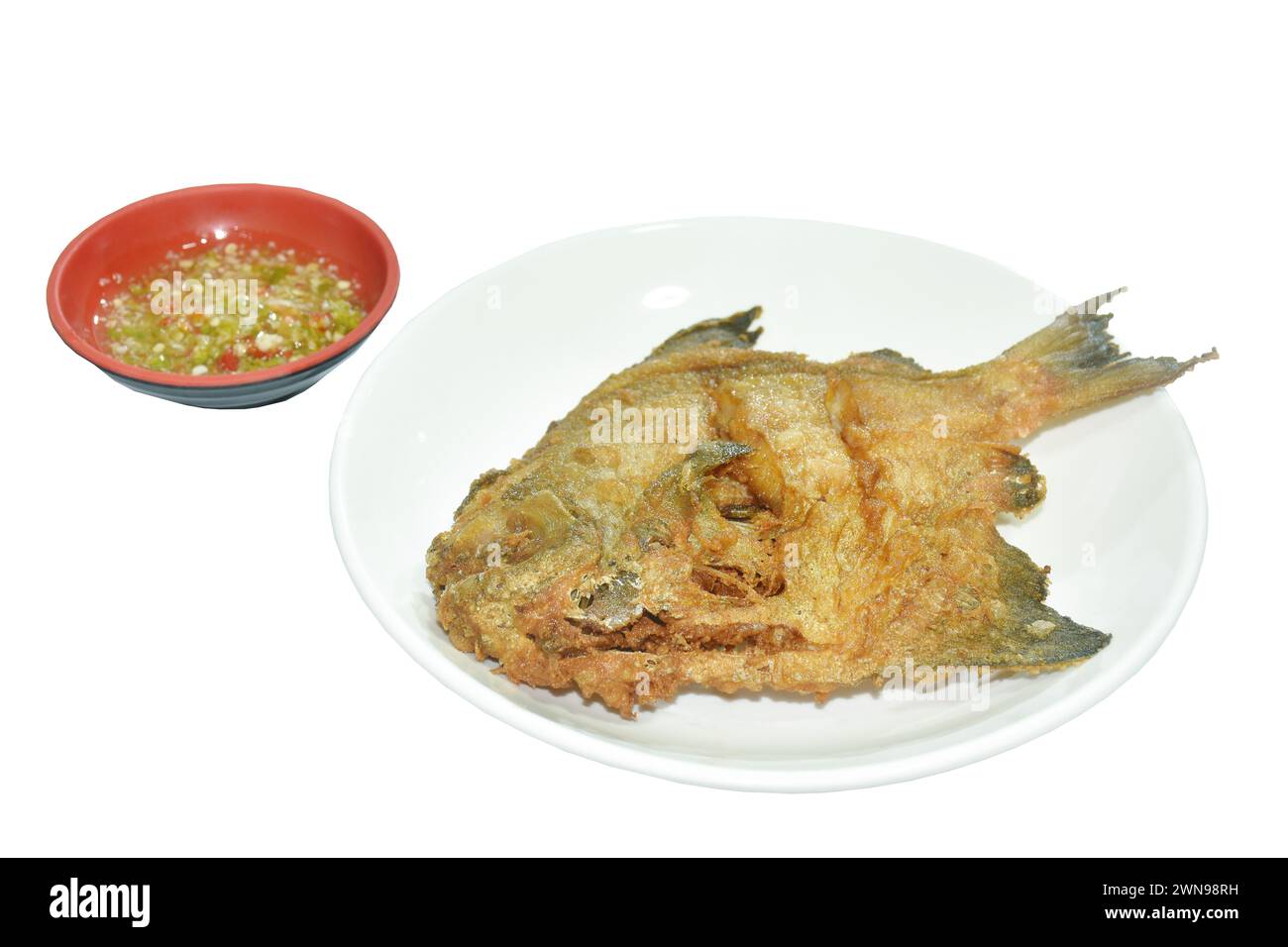 crispy fried gray butterfish or silver pomfret dipping with spicy ...
