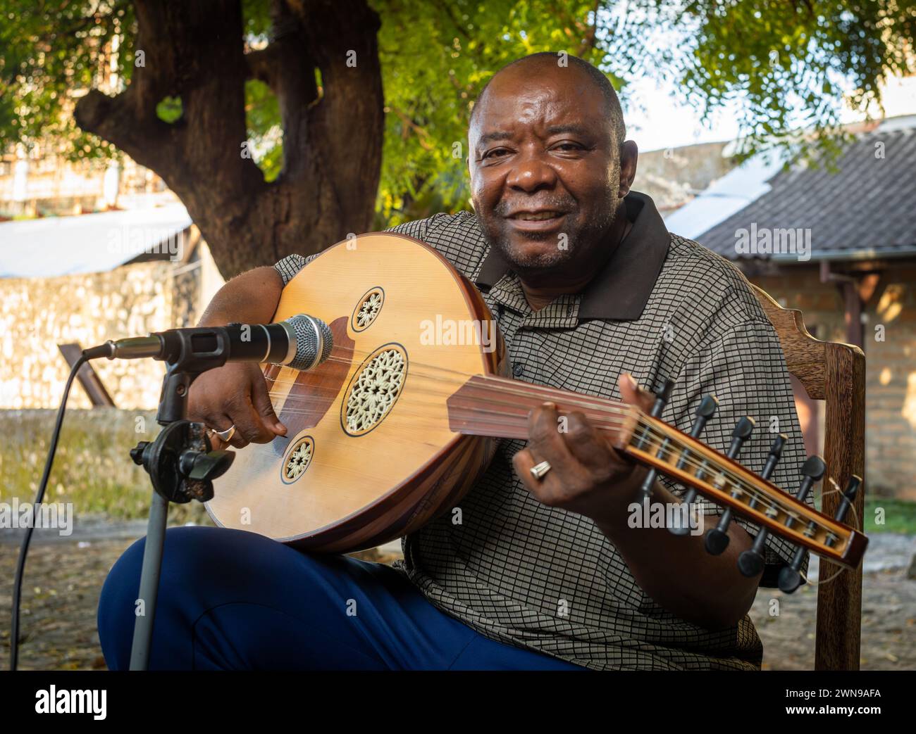 A male musician plays a traditional Oud in The Old Fort, Stone Town ...