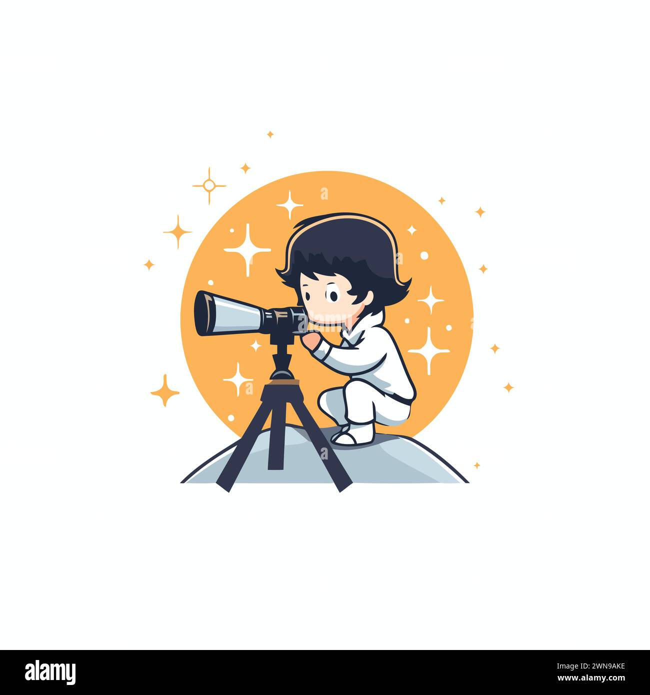 Cute little boy with telescope on white background. Vector illustration ...