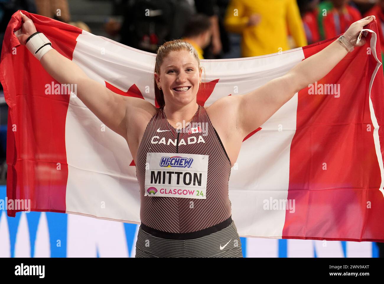 Canada's Sarah Mitton celebrates winning the Women's Shot Put during ...