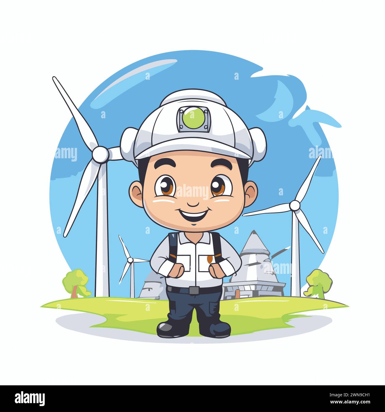 Cute boy with safety helmet and windmills vector illustration Stock ...