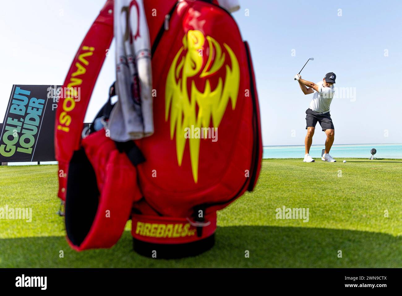 Captain Sergio Garcia of Fireballs GC hits his shot from the 16th tee ...