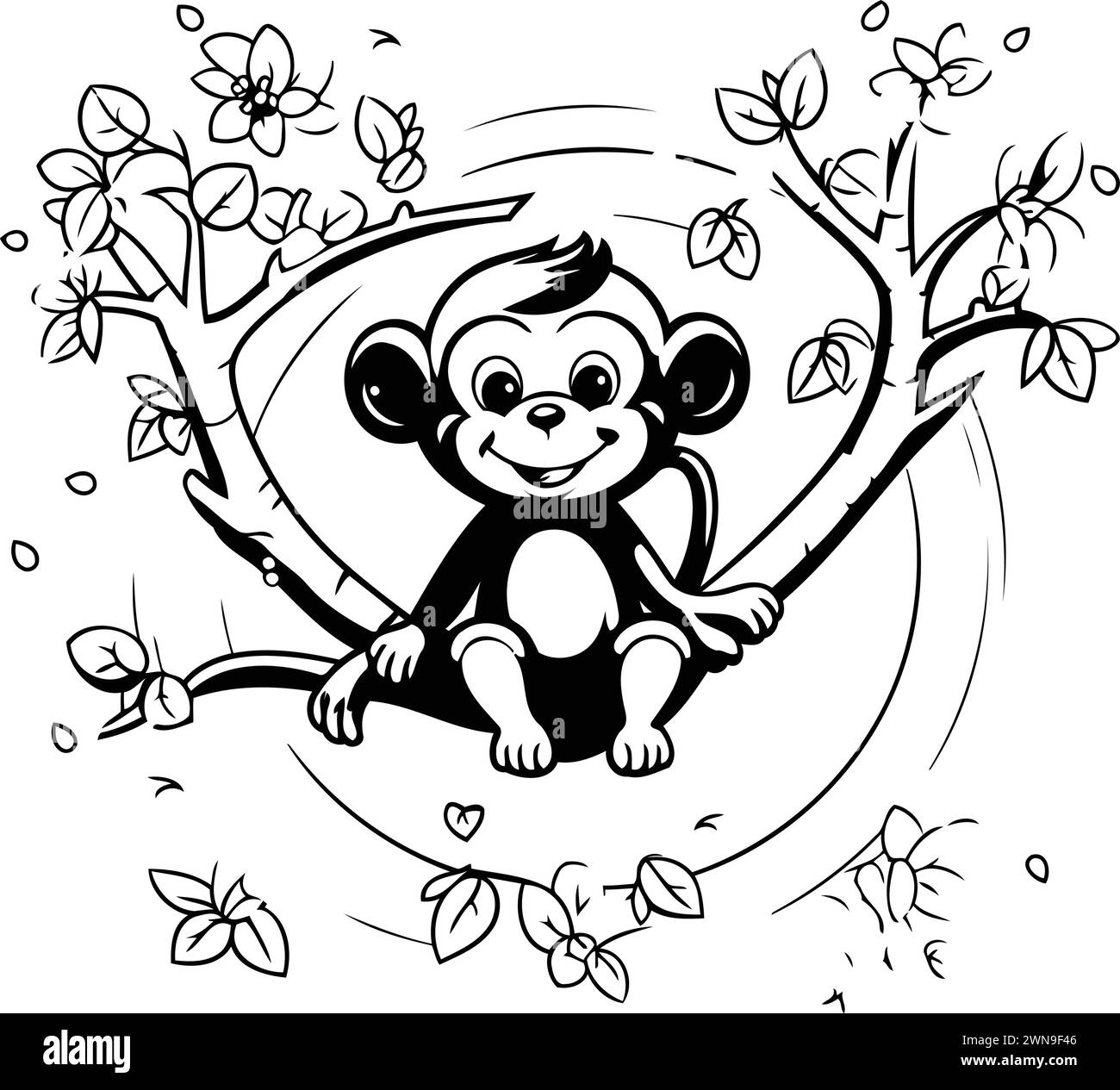Monkey sitting on a tree branch. Black and white vector illustration ...