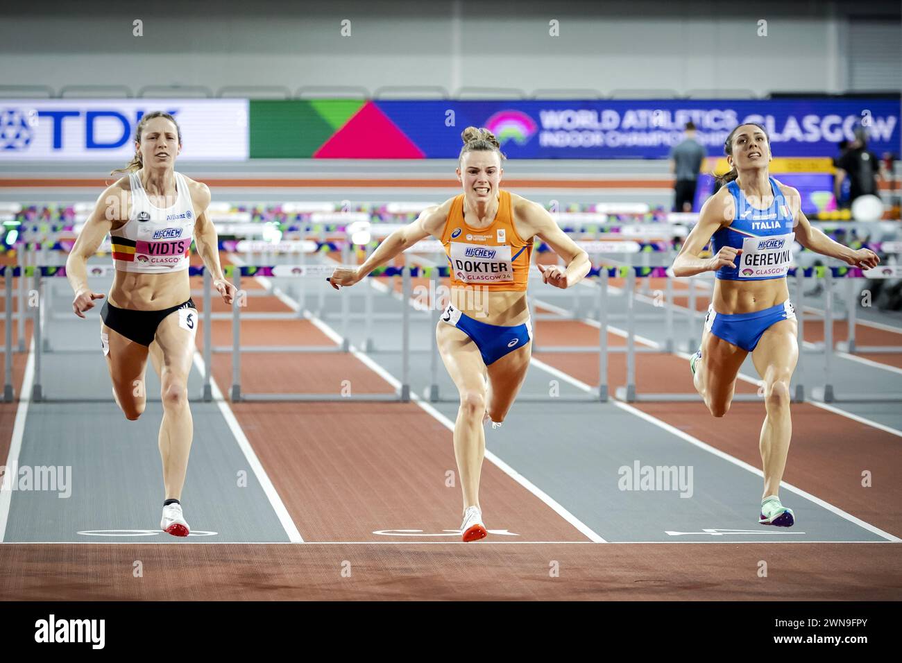 GLASGOW - Sofie Dokter, in action during the 60 meter hurdles in the ...