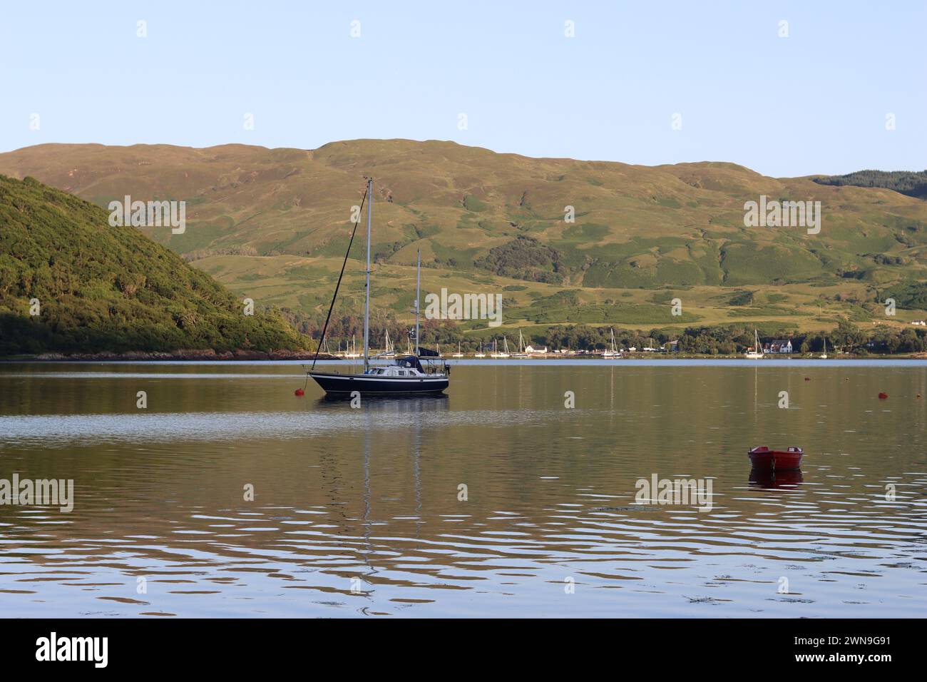 Boats on a still sea loch in sunshine Stock Photo - Alamy