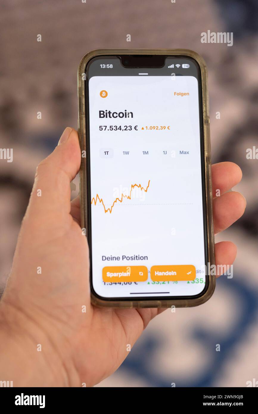 Hand hält ein Mobiltelefon mit einem Bitcoin Chart *** Hand holding a ...