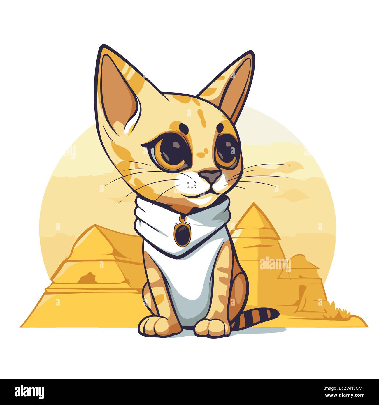 Cute cartoon cat on the background of the Egyptian pyramids Stock ...