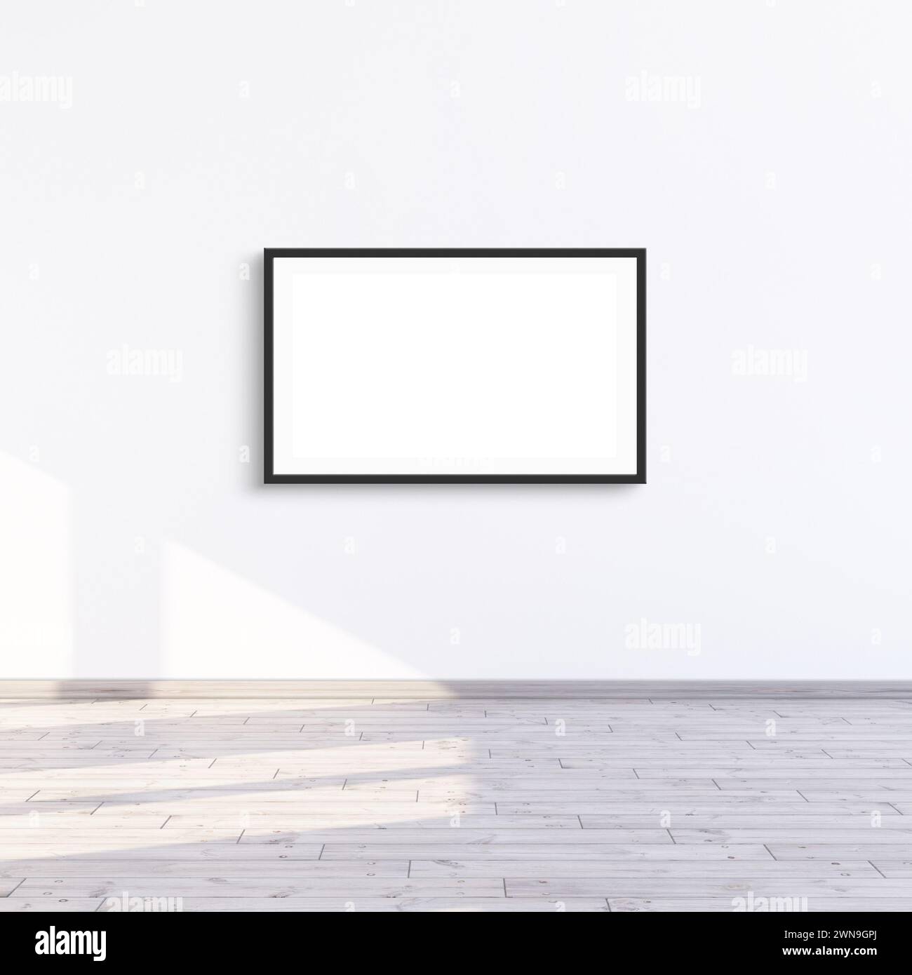 Horizontal frame mock up hanging on a white wall with sunlight, Modern ...