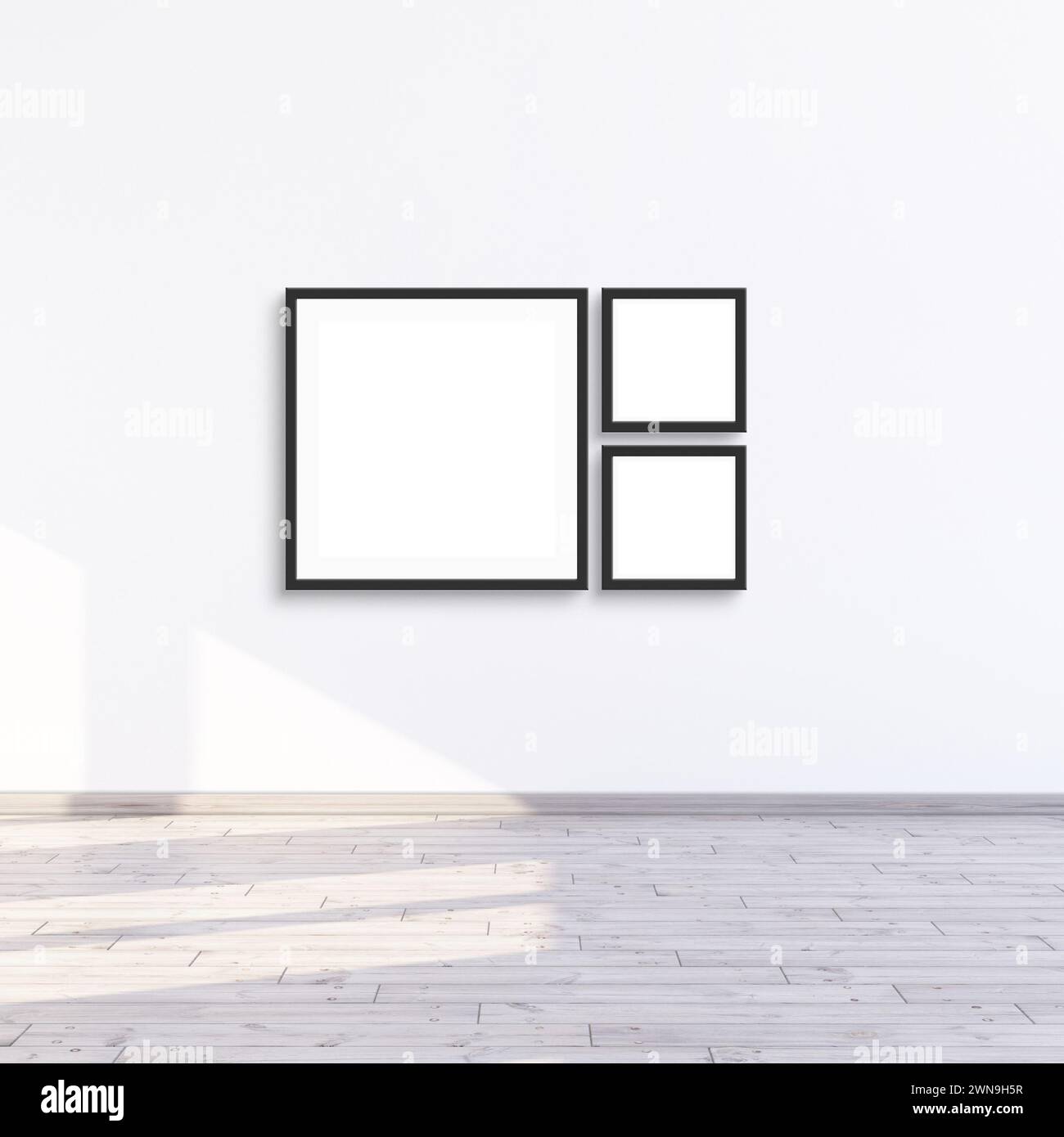 3 square frame mock up hanging on a white wall with sunlight, 3 frames ...
