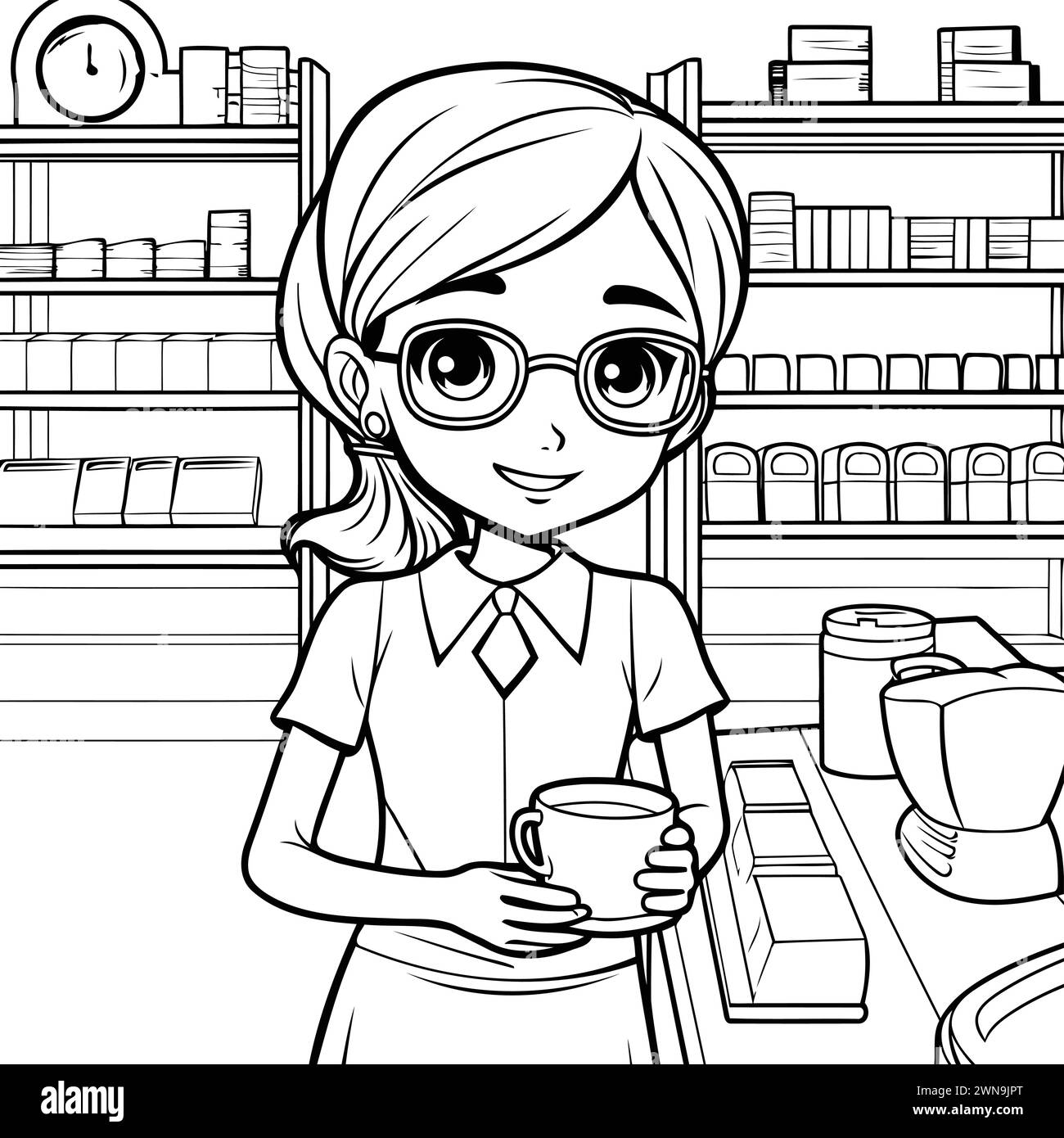 Cute Cartoon Girl With Coffee Cup In Shop Vector Illustration Stock Vector Image And Art Alamy