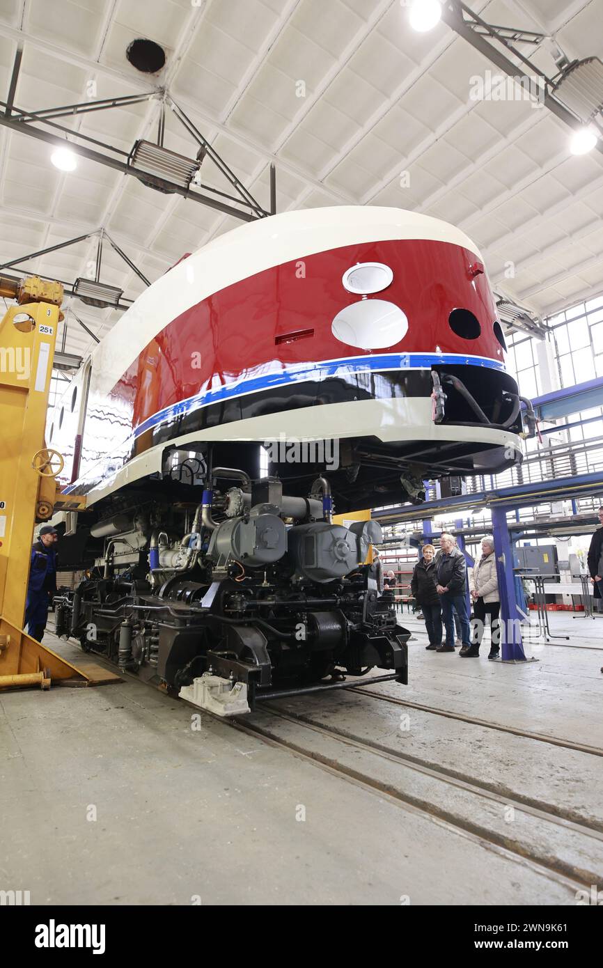 01 March 2024, Saxony-Anhalt, Halberstadt: The GDR prestige train SVT ...