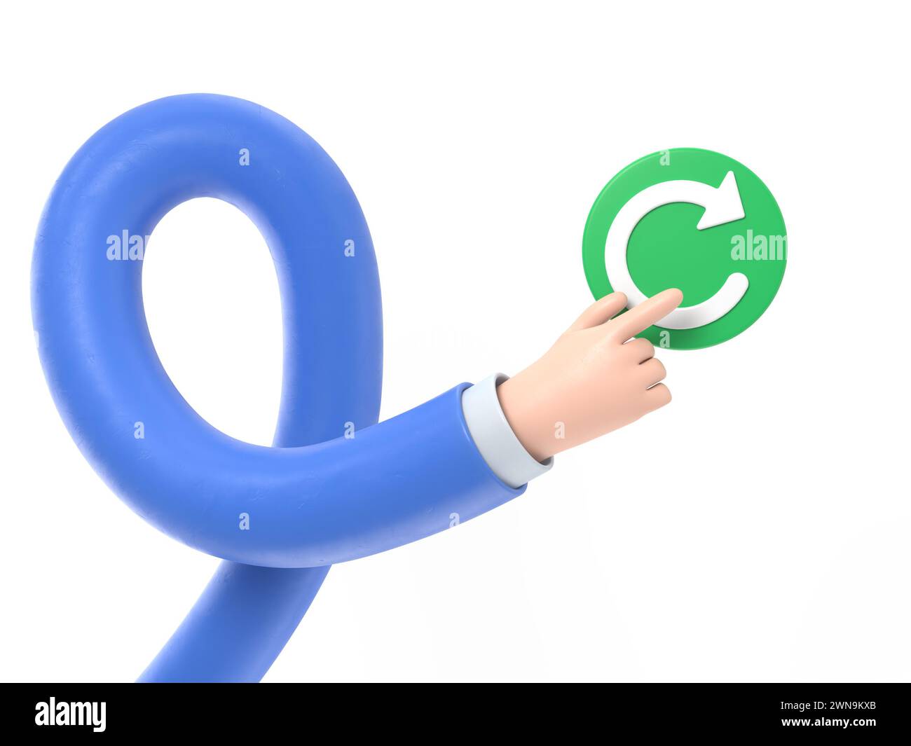 Reboot concept. Restarting technology. Hand to push big red button. 3d ...