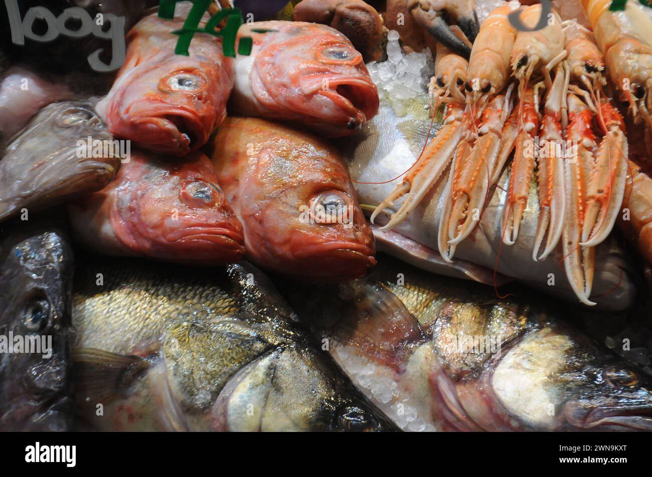 Copenhagen, Denmark /01 March 2024/ Seafood menu various fish on sale ...