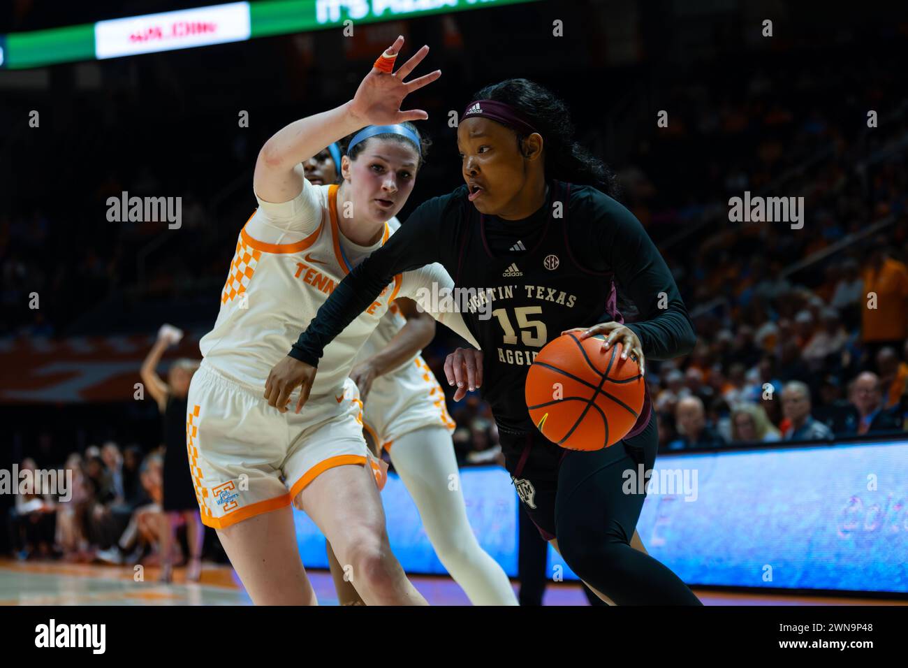 February 29, 2024: Sole Williams #15 of the Texas A&M Aggies drives to ...