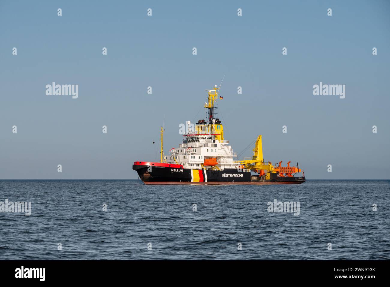 German coast guard vessel at anchor on North Sea near Helgoland ...