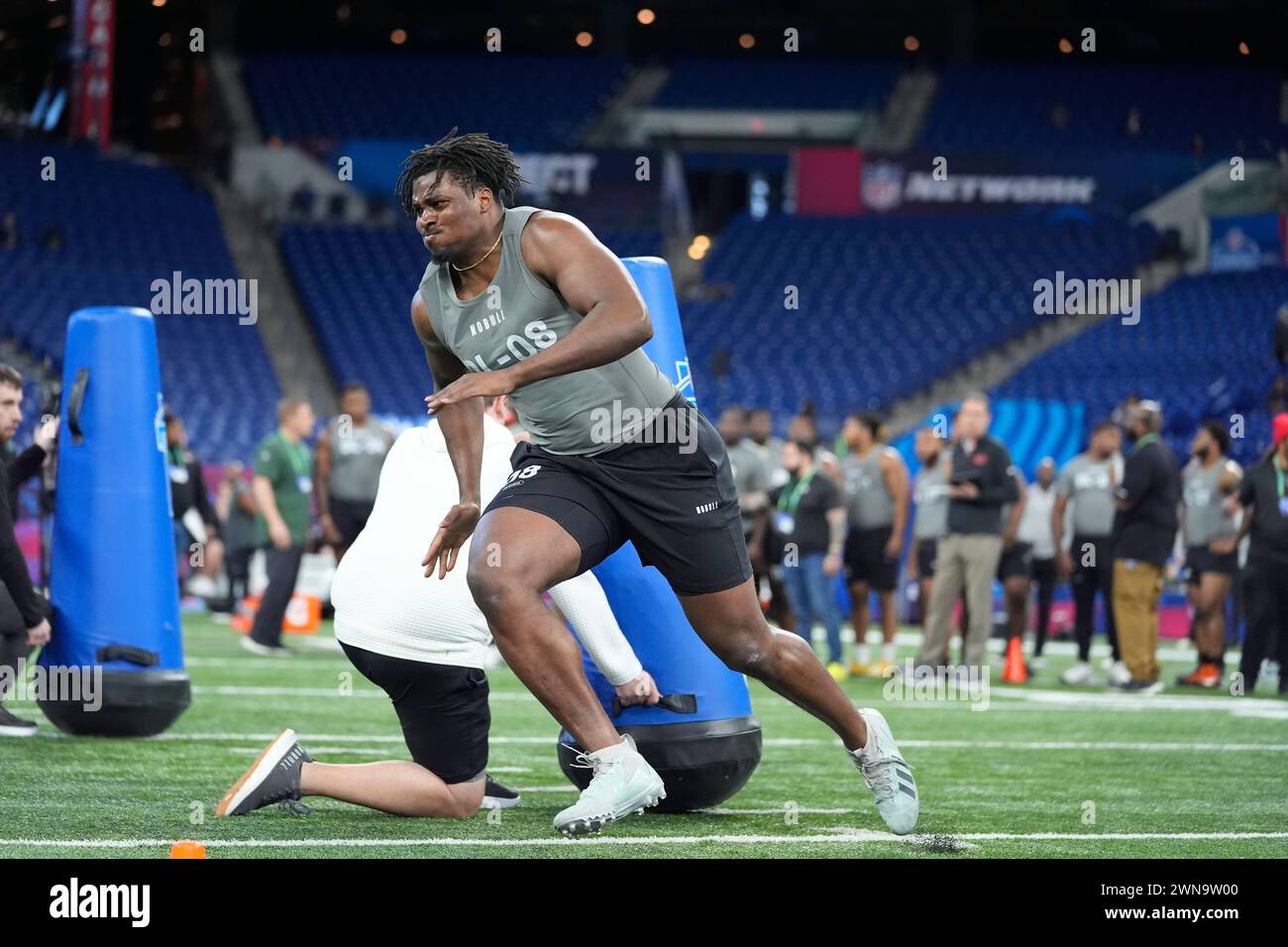 Baylor defensive lineman Gabe Hall runs a drill at the NFL football ...