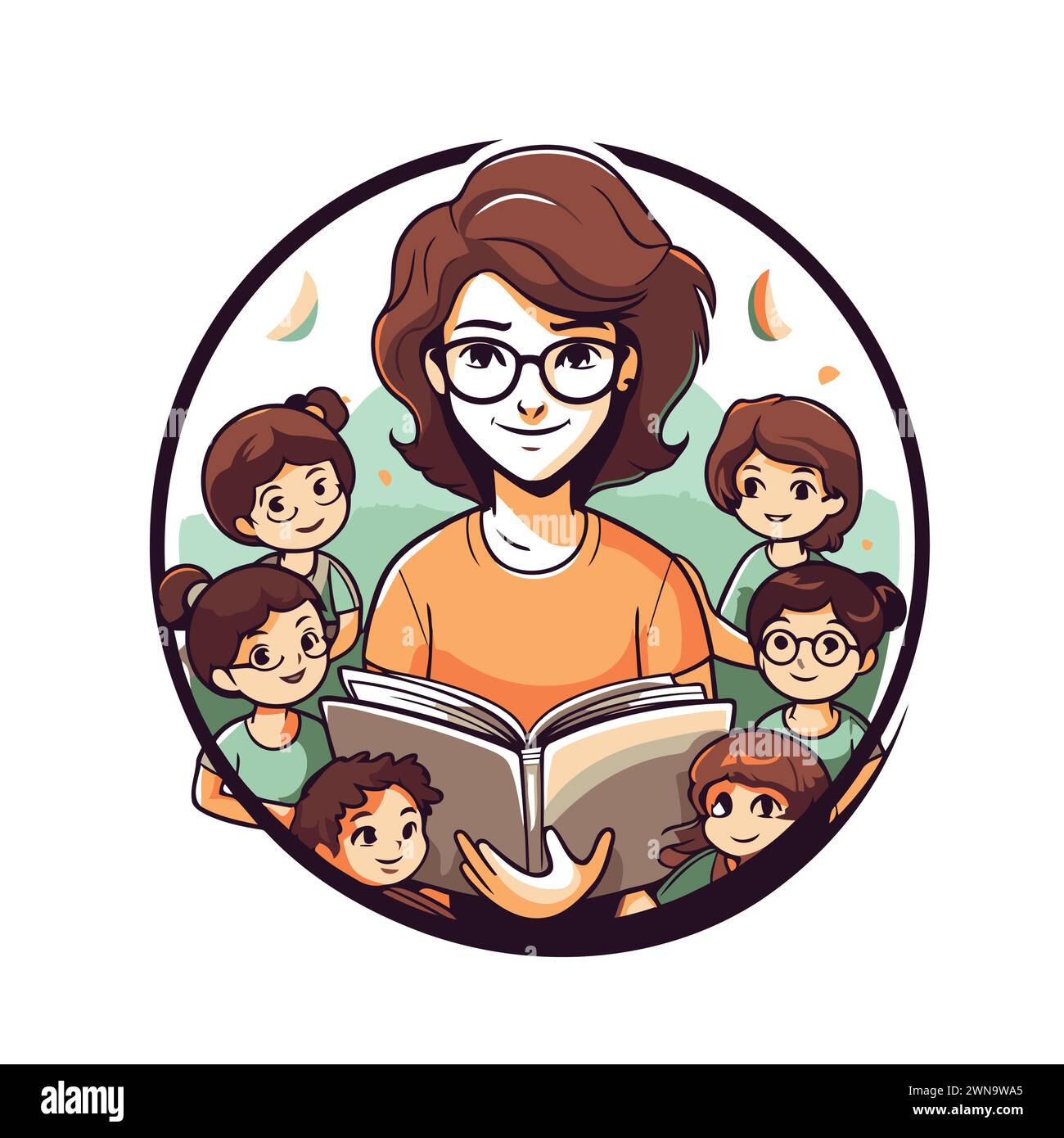 Vector illustration of a teacher reading a book with her children in ...