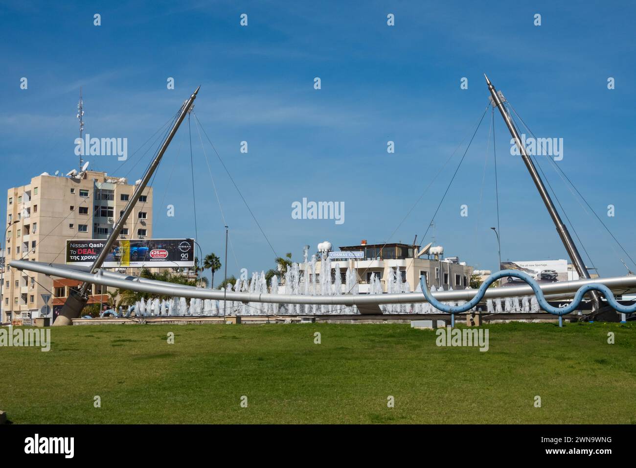Water feature fountain on the roundabout outside the harbour. Larnaca ...