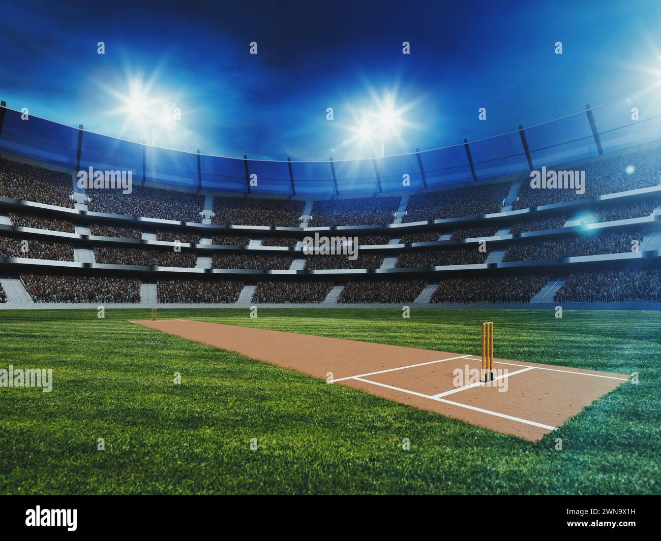 Cricket open air stadium with fan zine tribune in the evening. 3D ...