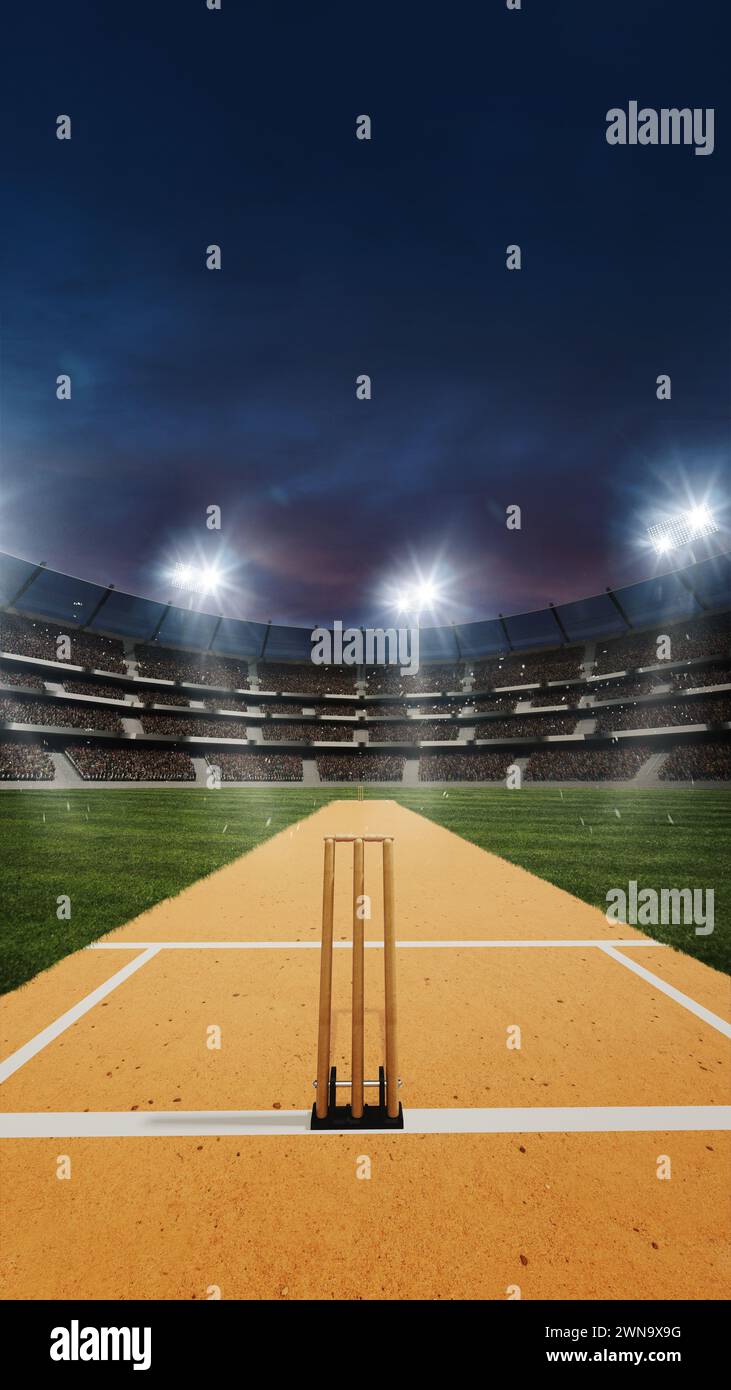Vertical image of cricket open air stadium with fan zine tribune in the ...