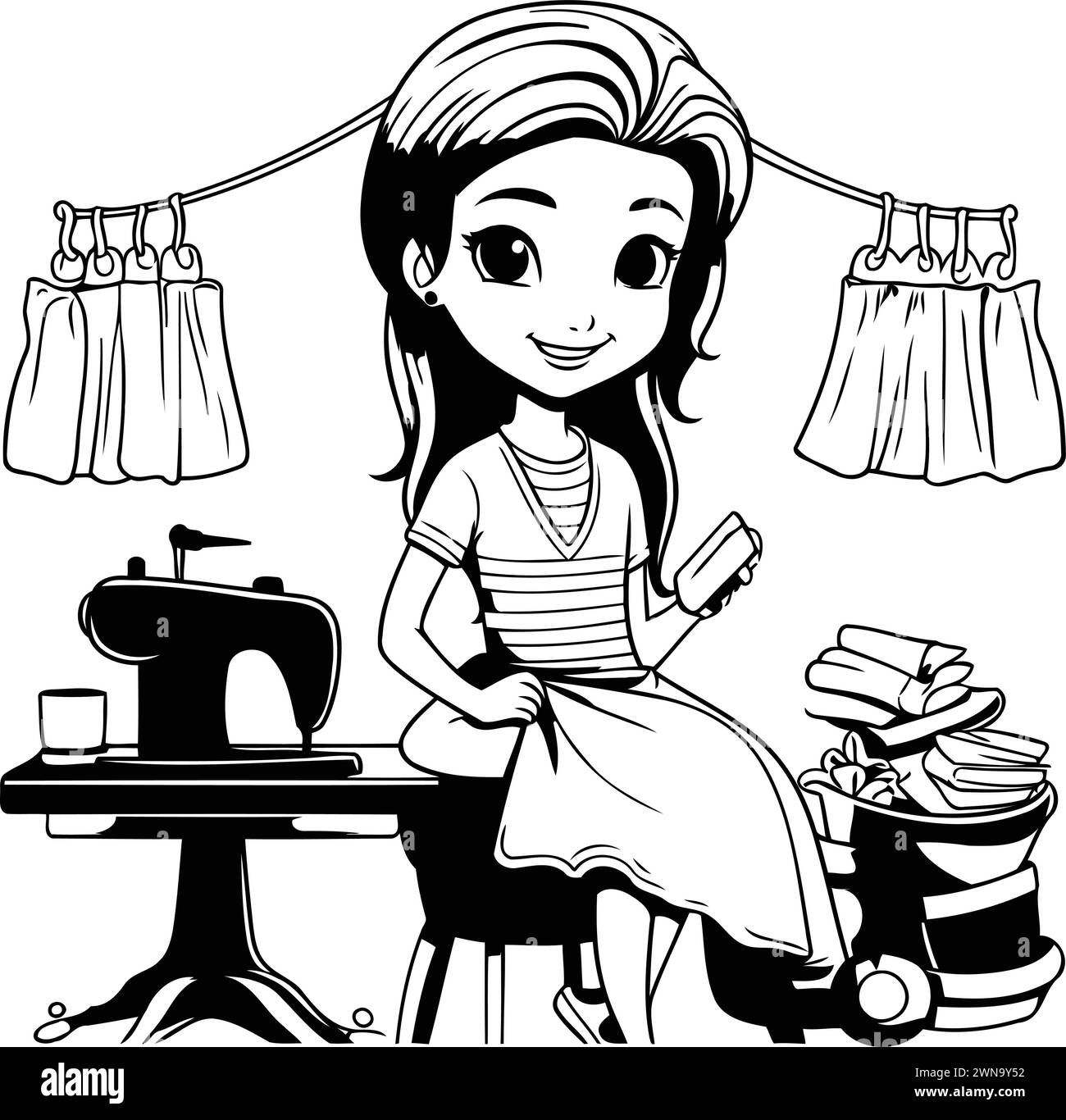 Girl Sewing Clothes In The Shop Black And White Vector Illustration
