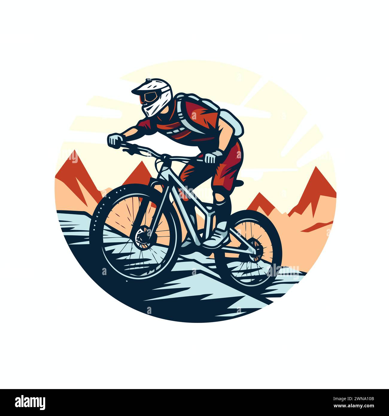 Mountain biker riding on the road in the mountains. Vector illustration ...