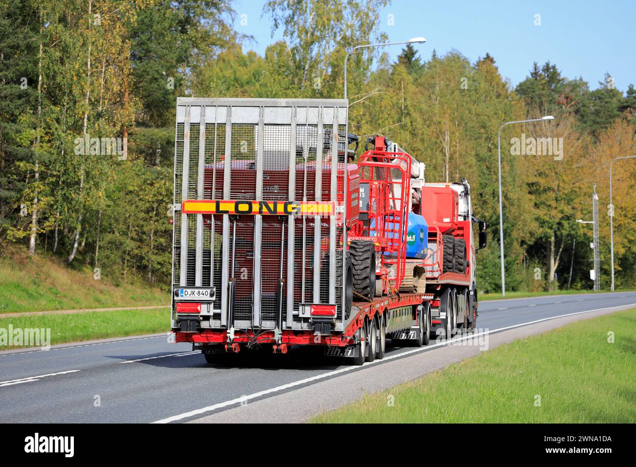 Scania truck transports Pekkaniska lifting equipment on semi trailer ...
