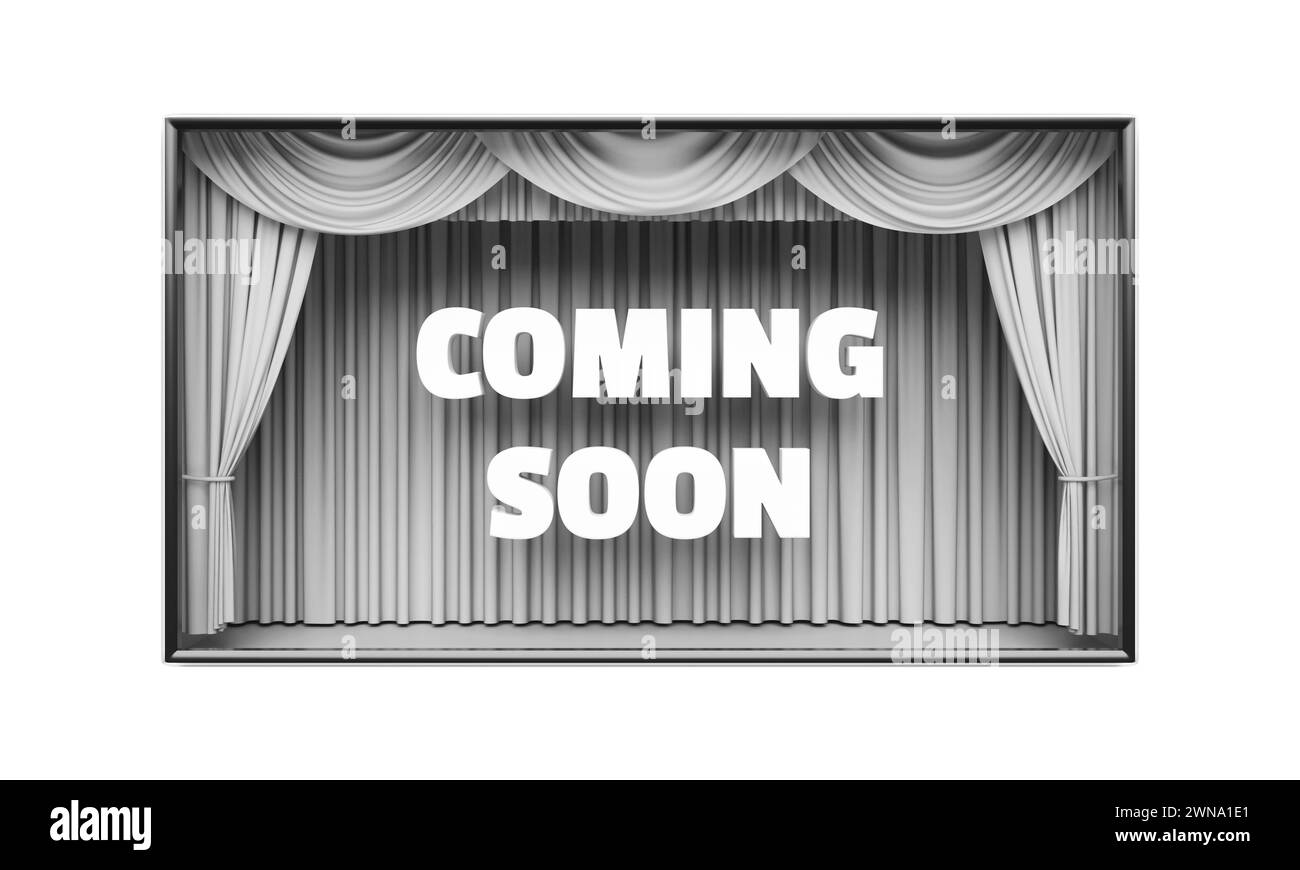 Coming Soon poster with stage curtains 3D illustration Stock Photo - Alamy