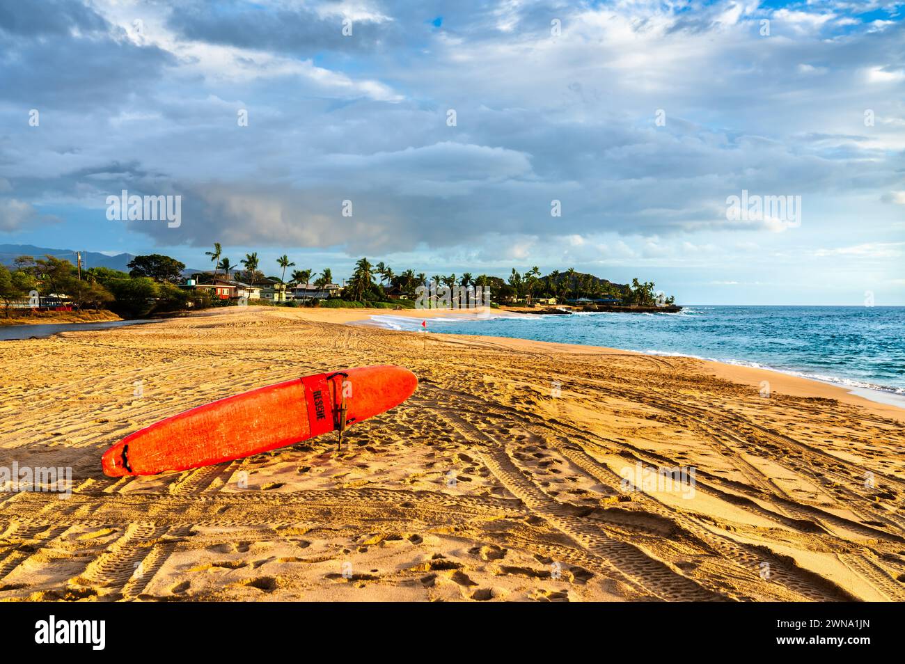 Rescue surf board on Makaha Beach in West Oahu Island - Hawaii, United ...
