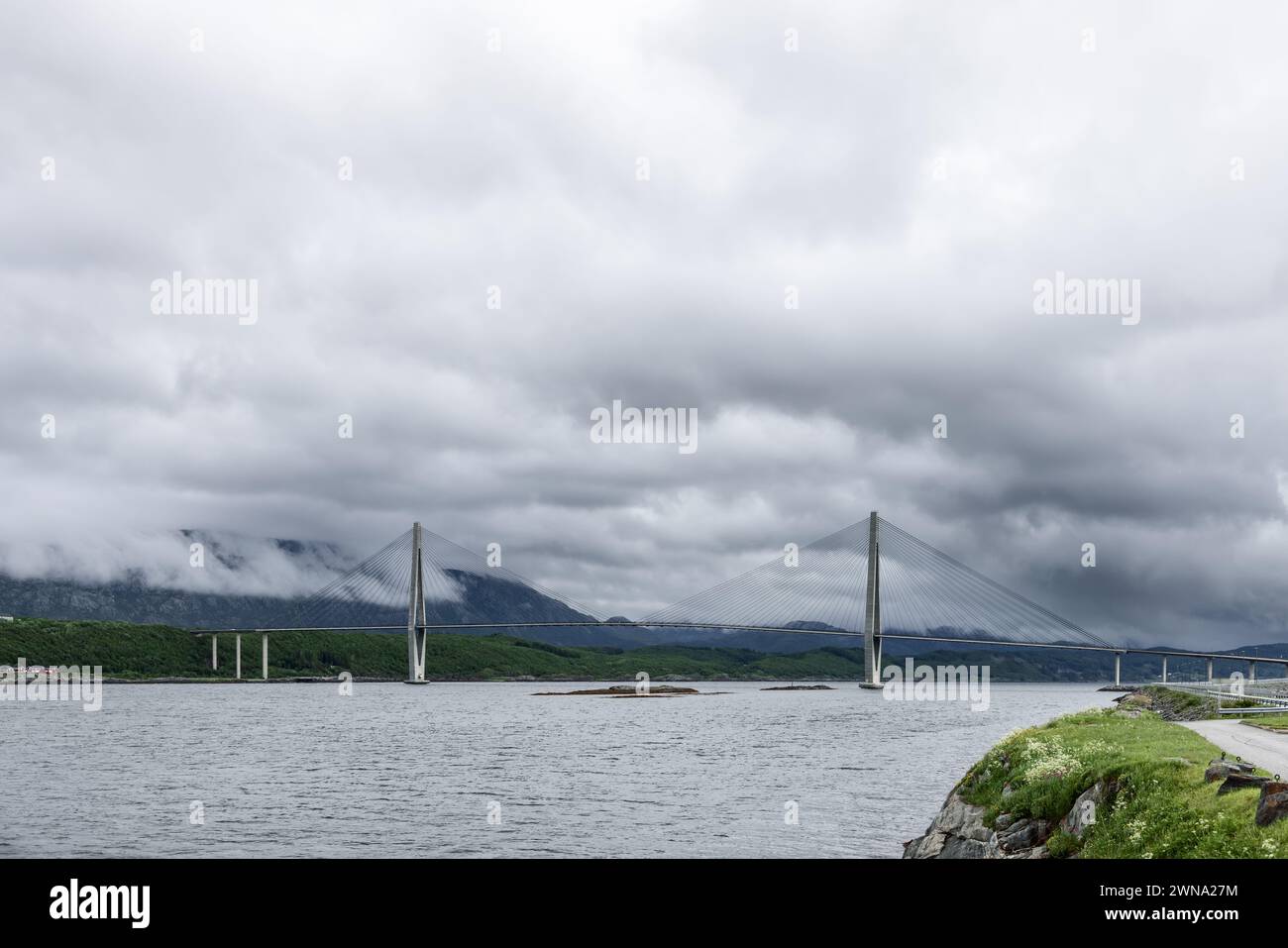 Lines of a suspension bridge on the Kystriksveien route in Norway frame ...