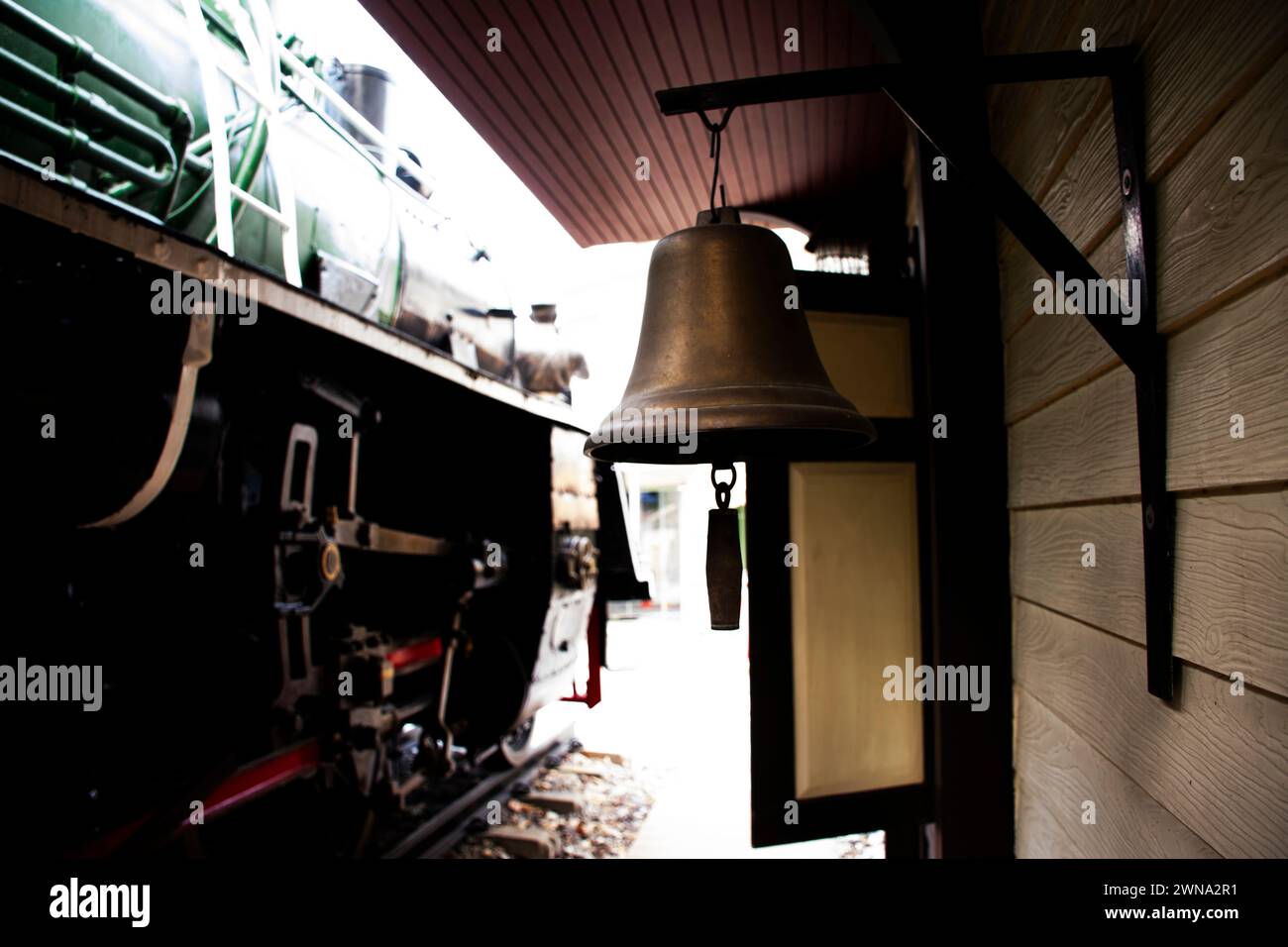 Classic vintage railway brass bell hanging on local platform train ...