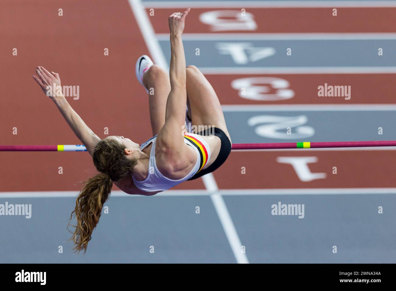 Glasgow, Scotland. 01 March 2024. Noor VIDTS (BEL) clears the bar ...